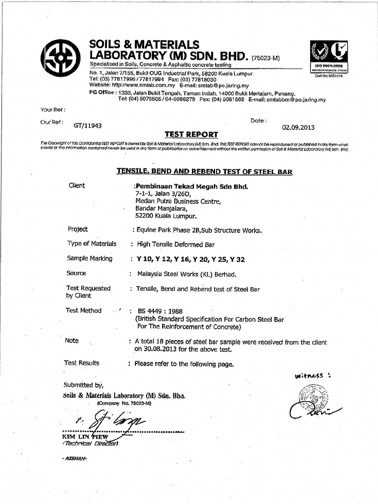 Tensile, Bend and Rebend Test of Steel Bar, Equine Park, Phase 2B | PDF