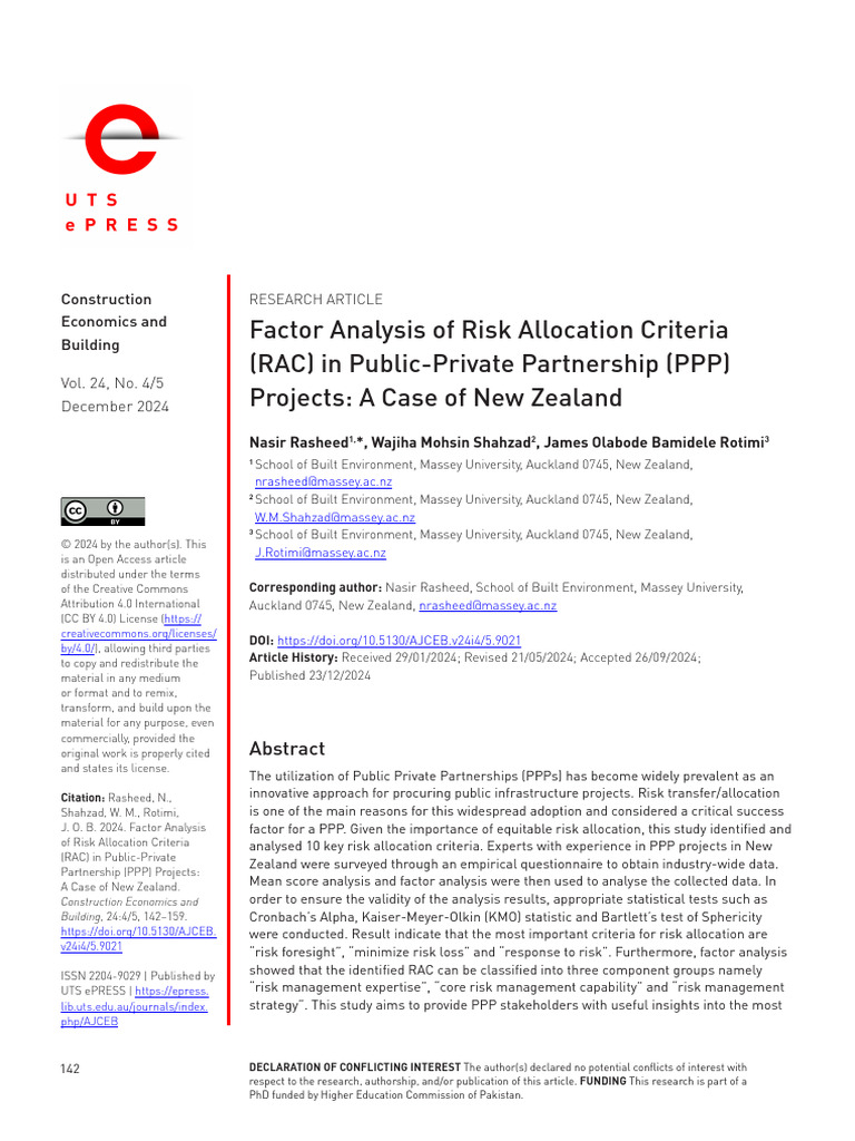 Factor Analysis of Risk Allocation Criteria RAC in PublicPrivate Partnership PPP Projects A Case ...