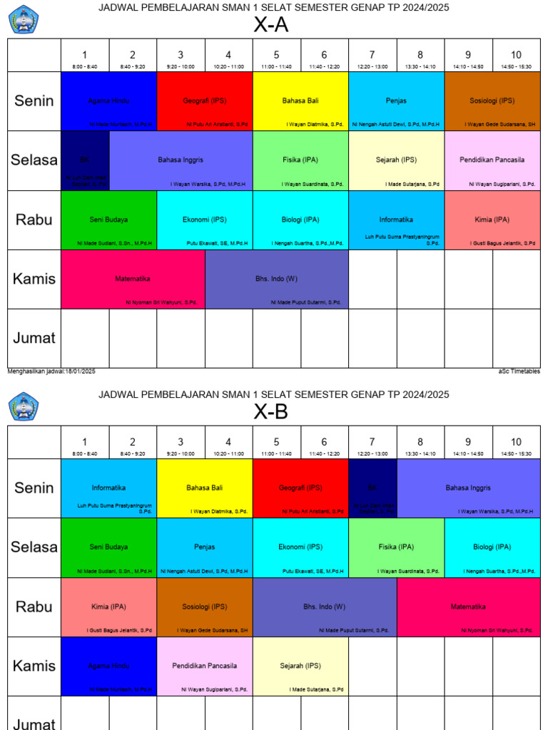 Jadwal Mapel Kelas X Jan-Mar 2025 OK-1-7 | PDF