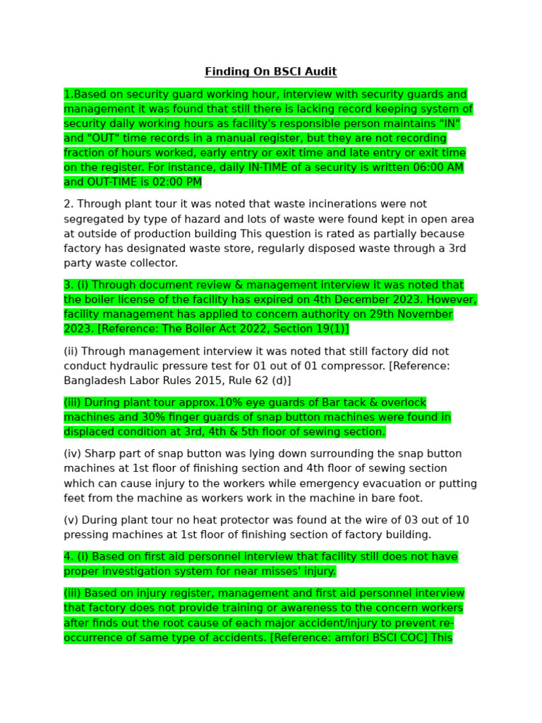 BSCI Audit Findings and Compliance Gaps | PDF | Occupational Safety And ...