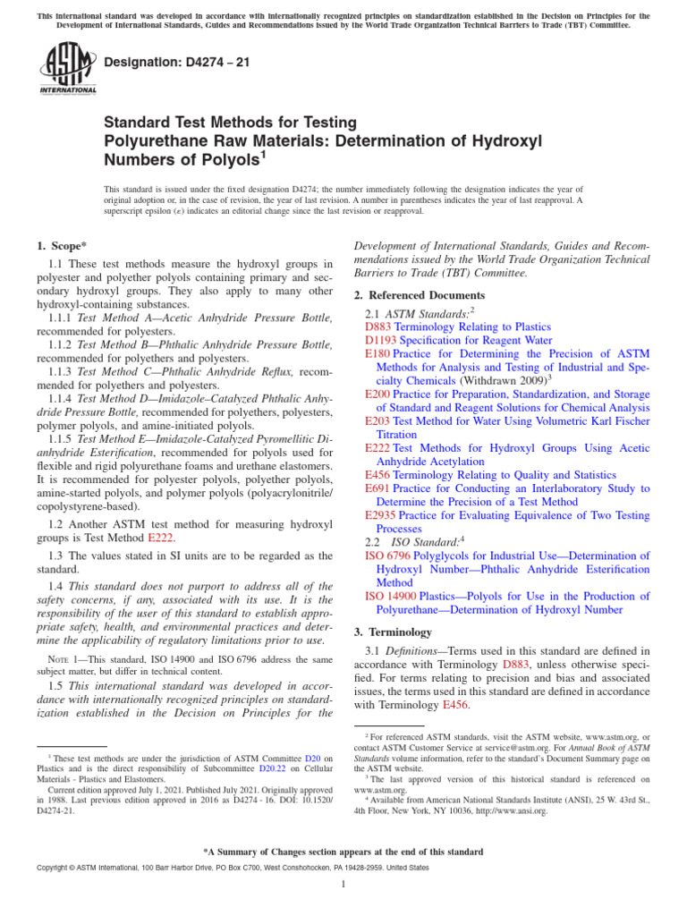 Standard Test Methods For Testing Polyurethane Raw Materials ...