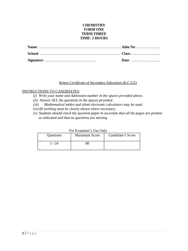 CHEMISTRY FORM 1 QS | PDF | Chemical Reactions | Magnesium