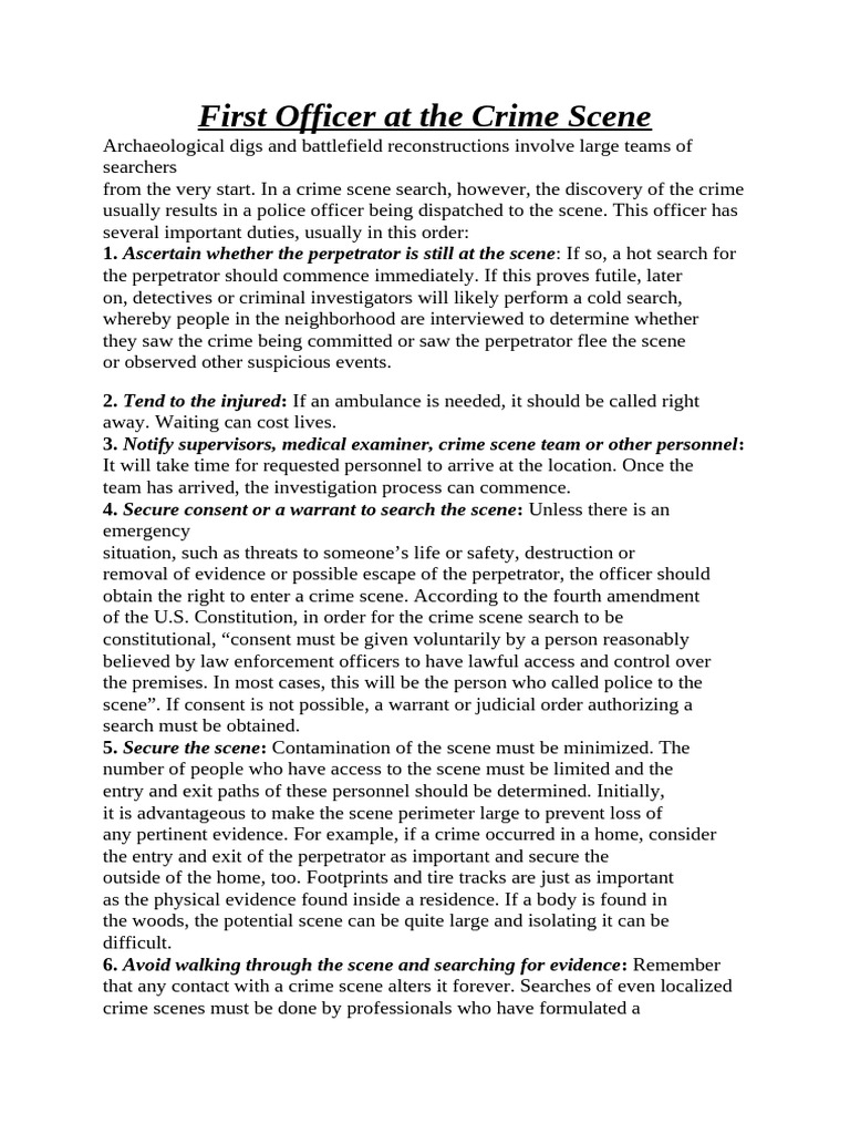 First Officer's Role at Crime Scenes | PDF | Crime Scene | Search Warrant