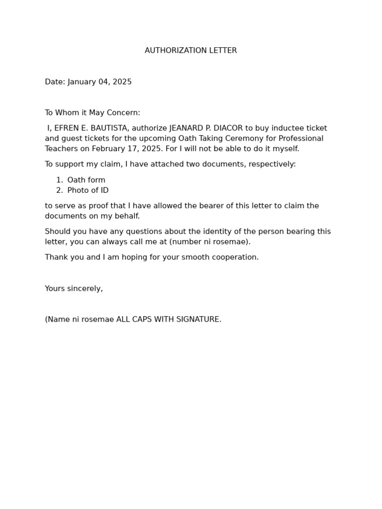 Authorization Letter for Ticket Purchase | PDF
