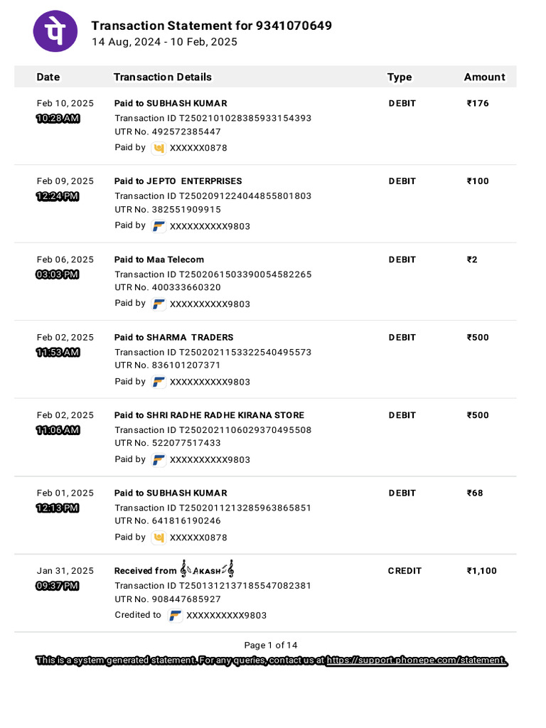 PhonePe Statement Aug2024 Feb2025S | PDF | Debits And Credits | Debit Card