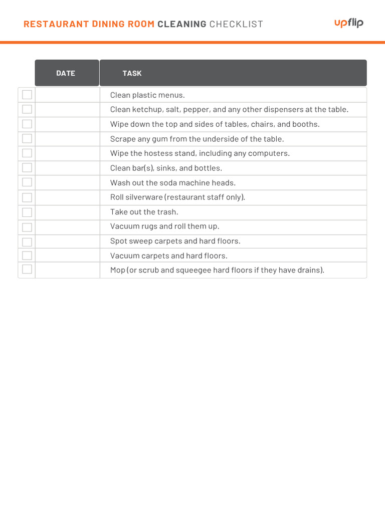 Restaurant Dining Room Cleaning Checklist | PDF