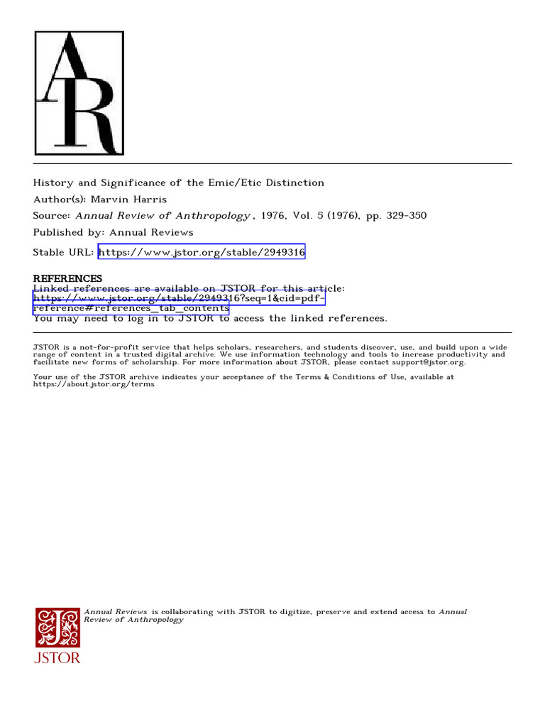 HARRIS, M. History and Significance of The Emic - Etic Distinction ...