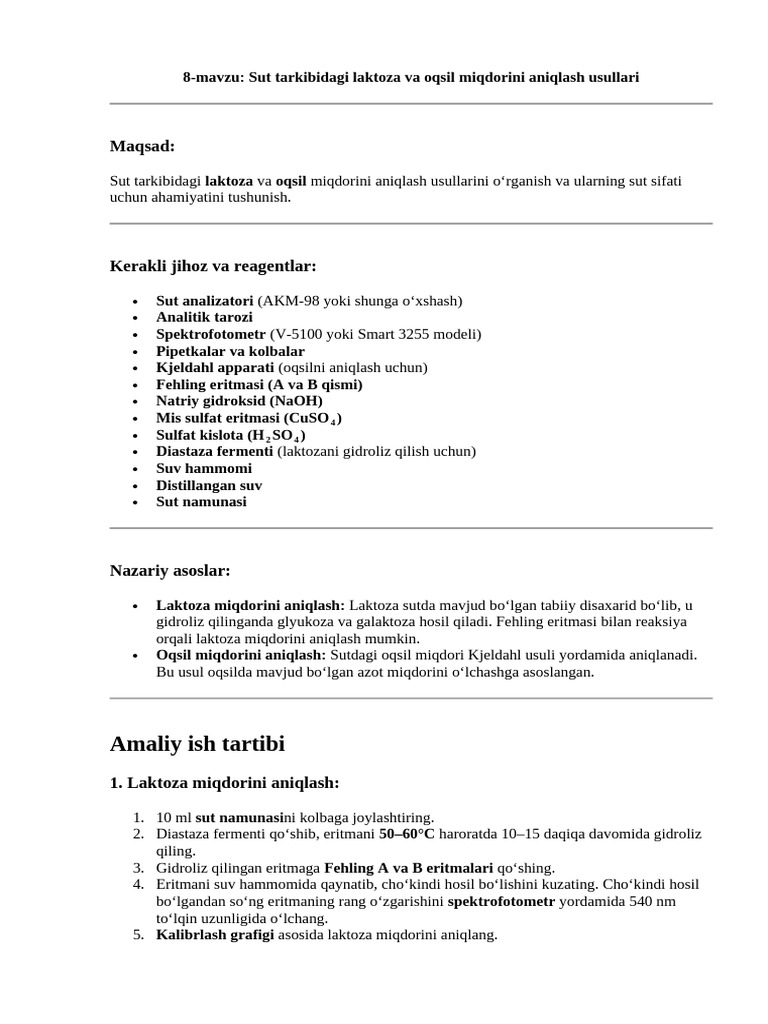 8-mavzu_Sut tarkibidagi laktoza va oqsil miqdorini aniqlash usullari | PDF