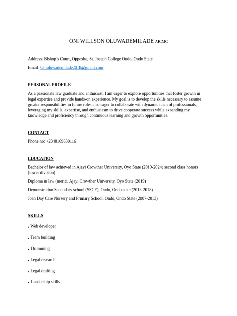 ONI WILLSON OLUWADEMILADE AICMC | PDF