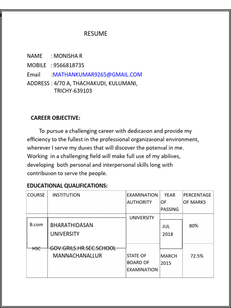 Monisha R B.Com Resume 2018 | PDF
