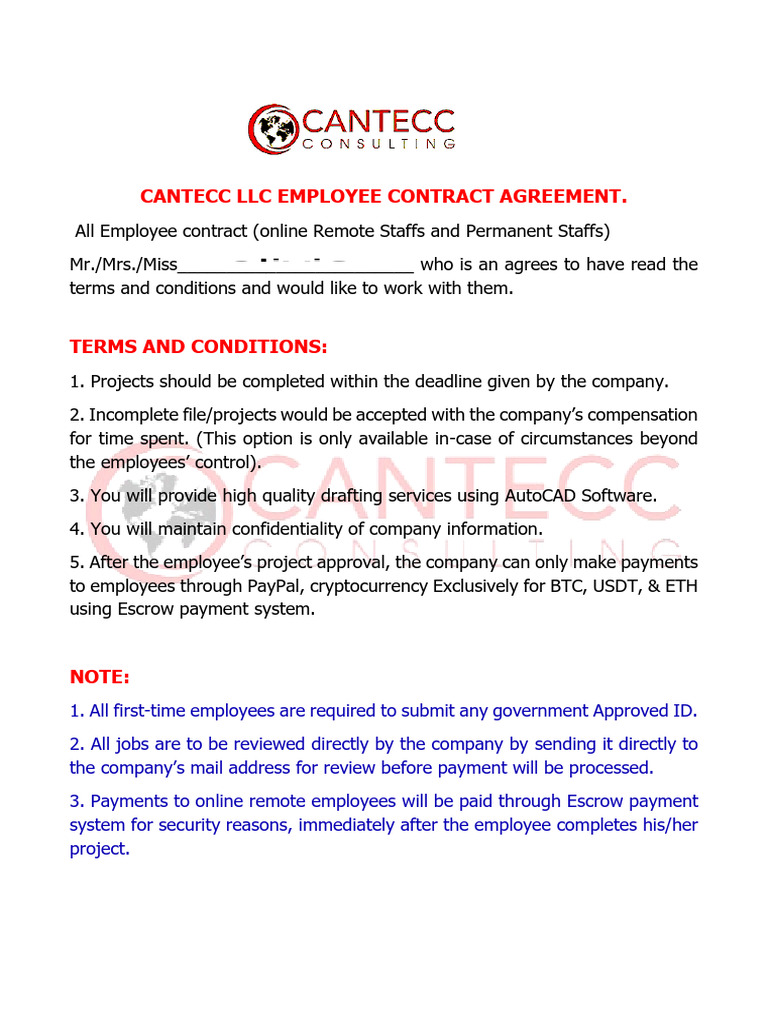 Cantecc LLC Employee Contract Agreement | PDF