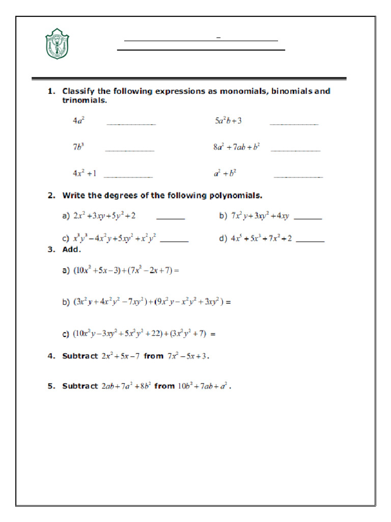 Dps-Algebric Expression Class 8 Work Sheet | PDF