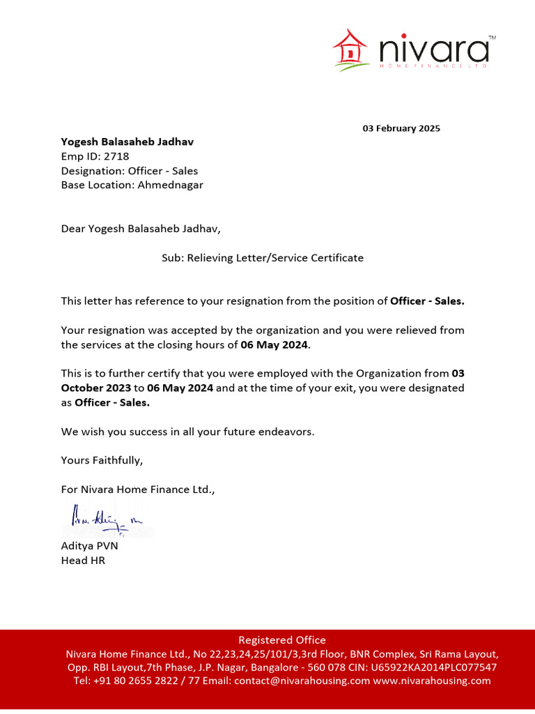 Nivara Housing - Relieving Letter | PDF