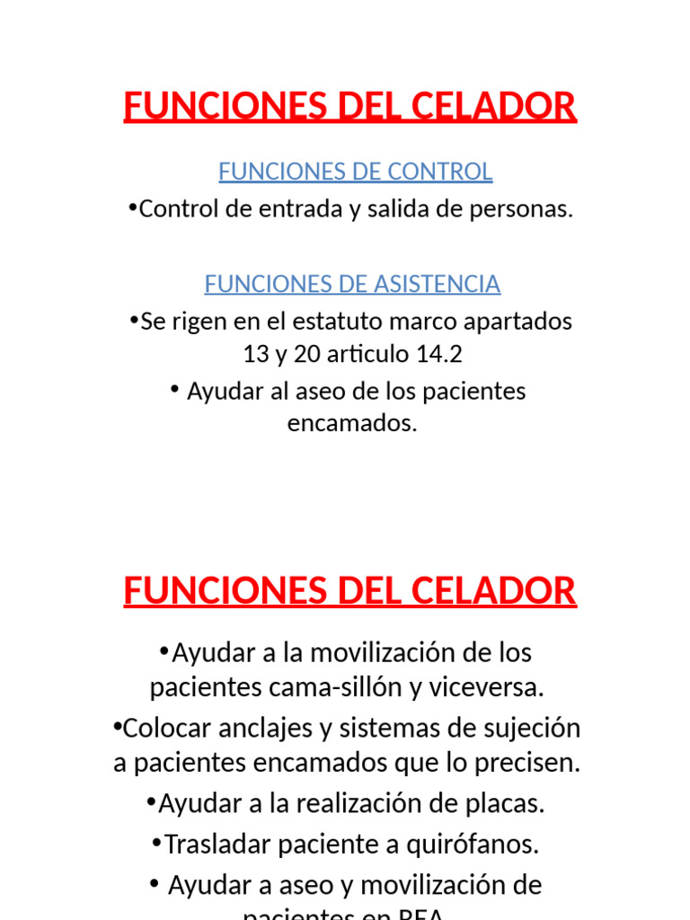 Funciones y Tipos de Celador | PDF | Farmacia | Ciencias de la Salud