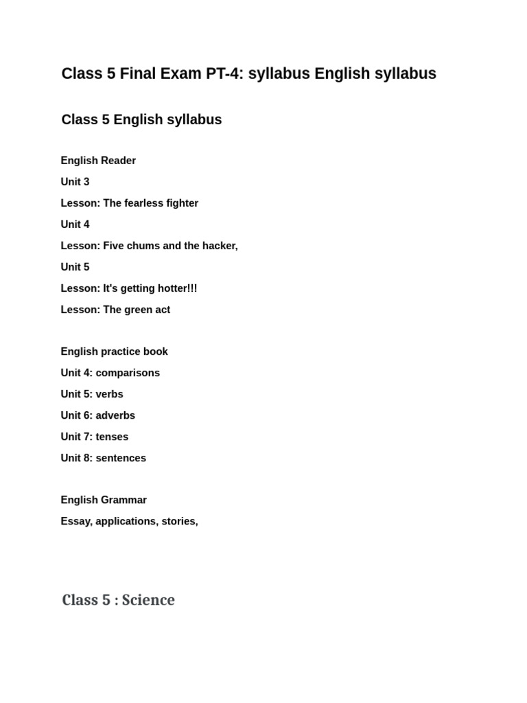 Class 5 Comprehensive Syllabus Overview | PDF