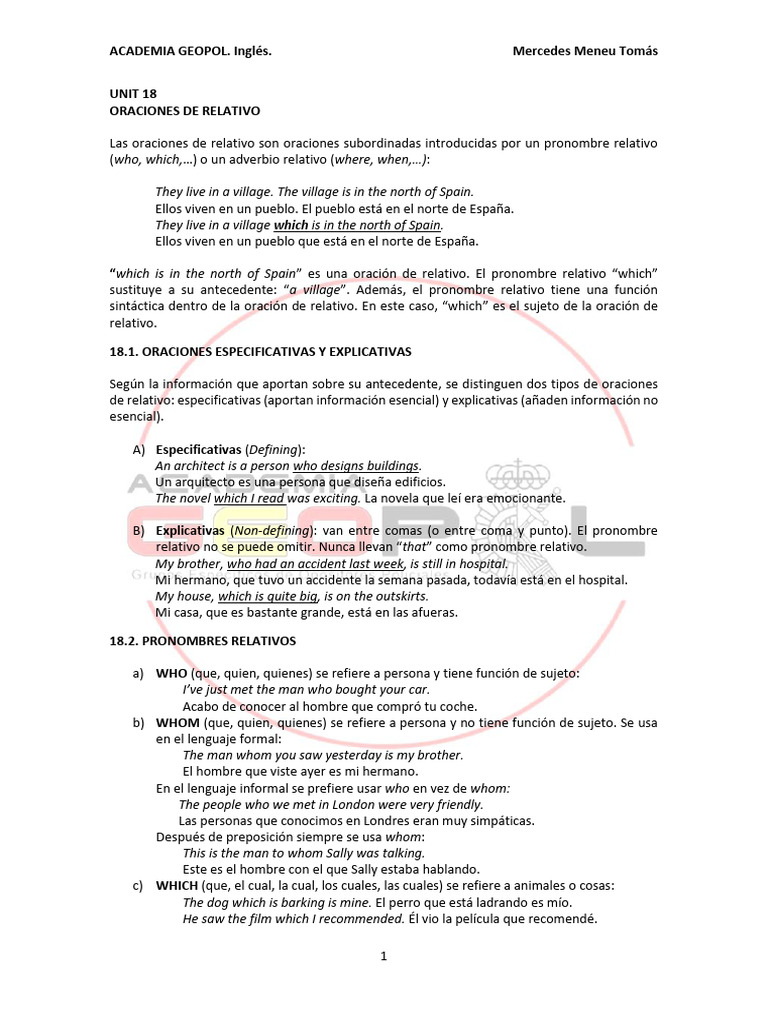 Oraciones de Relativo en Inglés | PDF | Unidades Semánticas | Tipología ...