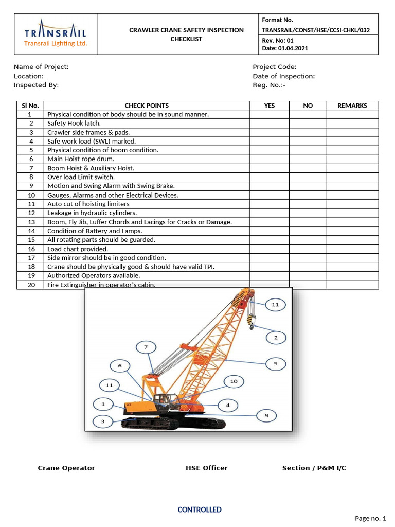Crawler Crane Safety Inspection Checklist | PDF