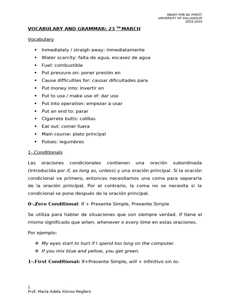 Guía de Condicionales y Gramática B2 | PDF | Relaciones sintácticas ...