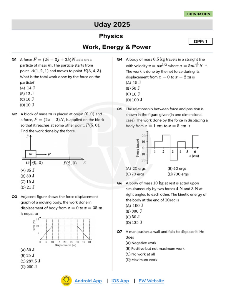 Work, Energy & Power_ DPP 01 (of Lecture 02) __ Uday 2025 | PDF | Force | Quantity