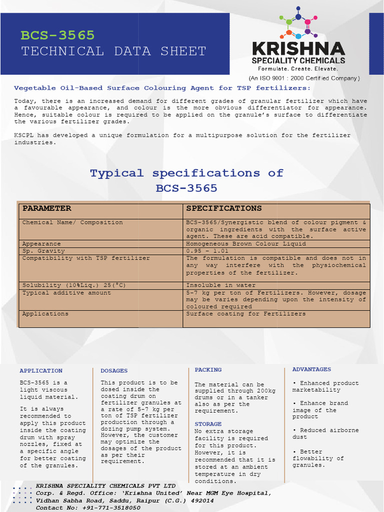 TDS - BCS-3565 (Surface Colouring Agent) 1 | PDF | Fertilizer | Solubility