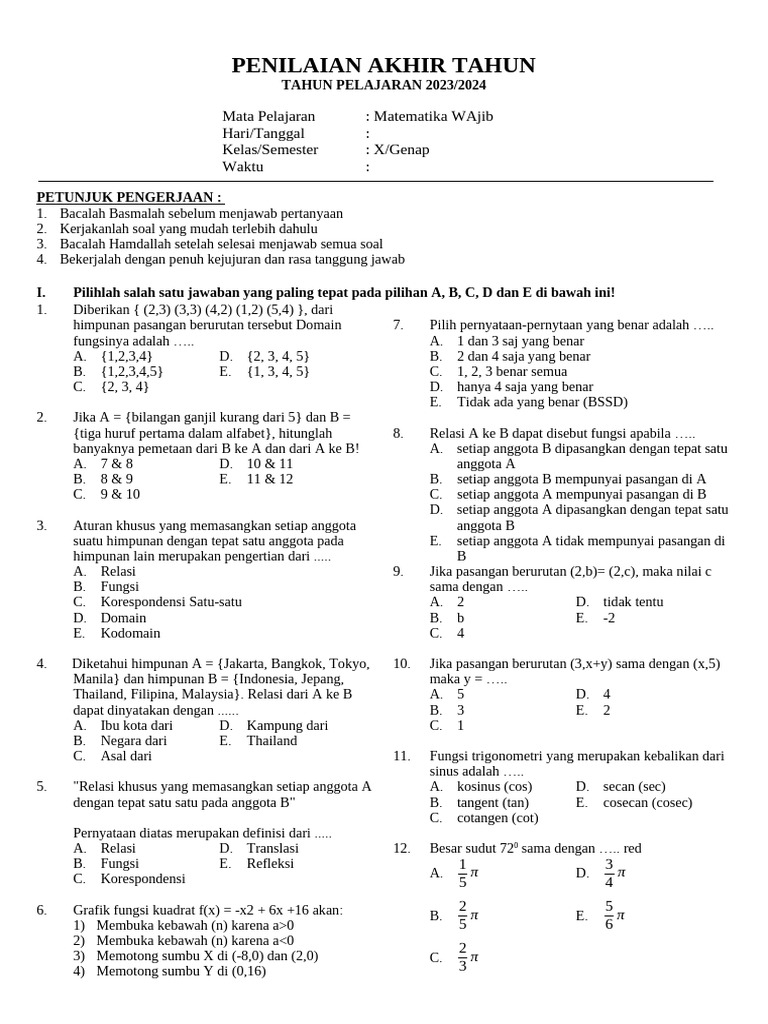 PAT MTK (Wajib) X | PDF