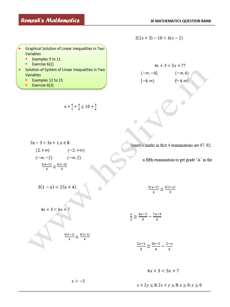 Hsslive Xi Maths-qb 05 Linear Inequalities | PDF | Arithmetic | Mathematics