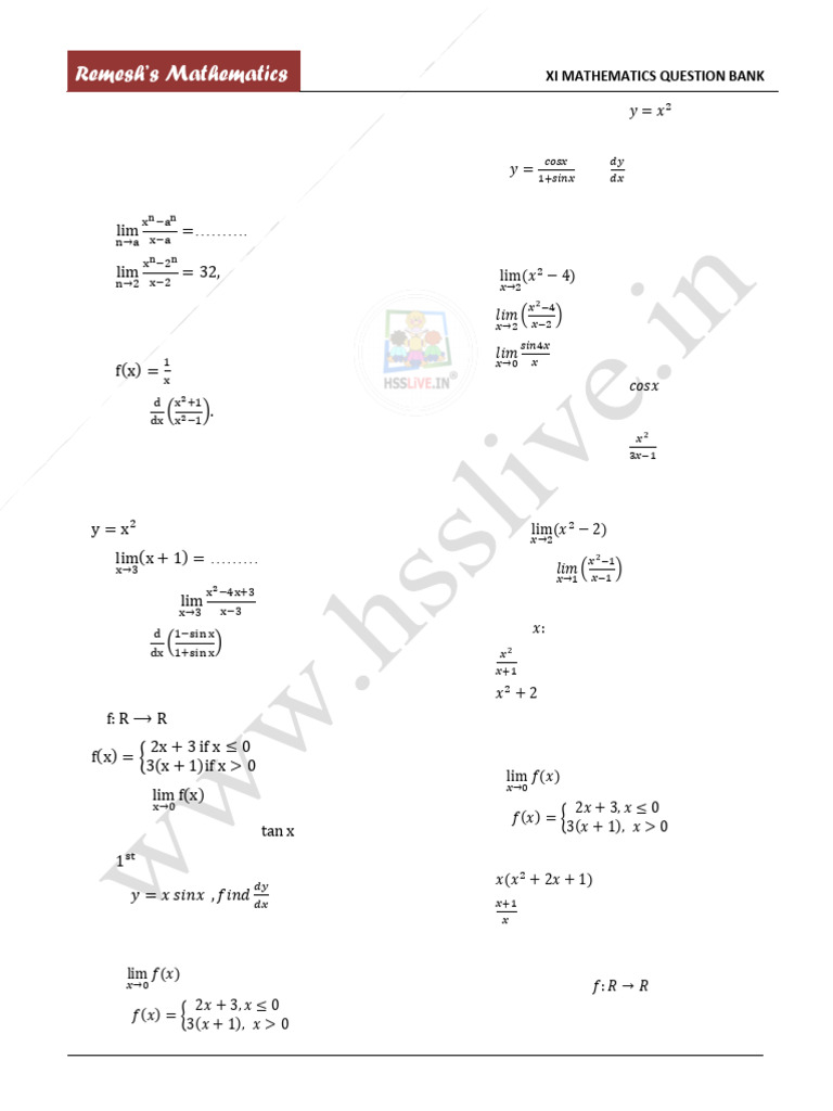 Hsslive Xi Maths QB 12 Limits and Derivatives | PDF | Analysis | Subtraction