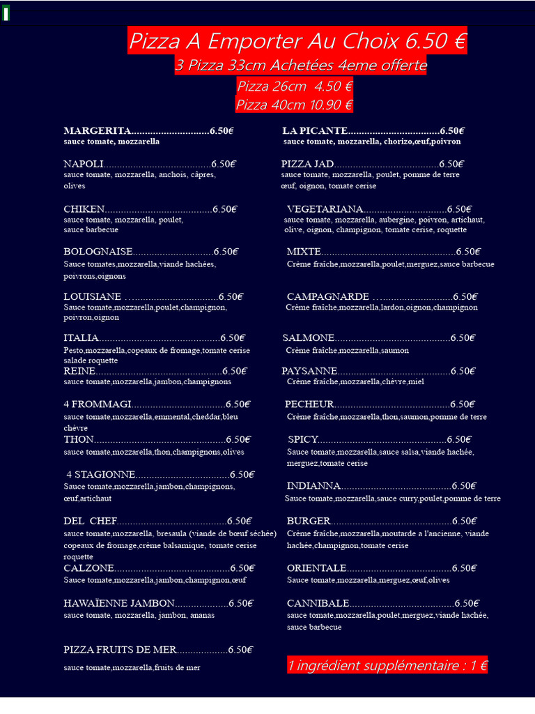 Menu Pizza et Salades à Emporter | PDF | sauce | Mozzarella