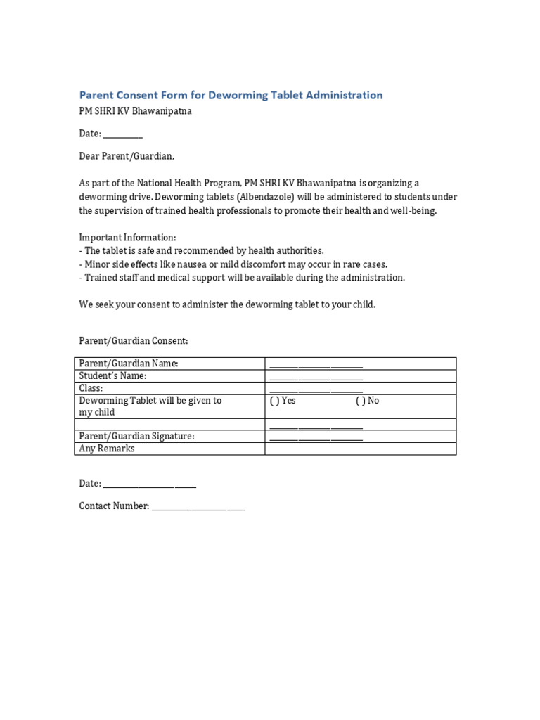 Concent Form For Deworming Tablet | PDF