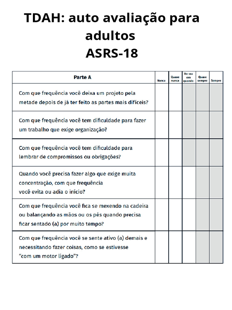 TDAH Autoavaliação para Adultos ASRS-18 | PDF
