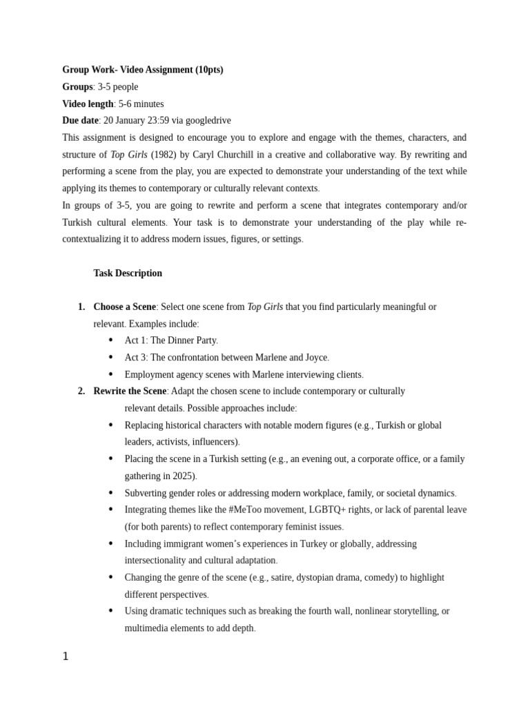 Top Girls Video Assignment Guide | PDF | Feminism | Gender Studies