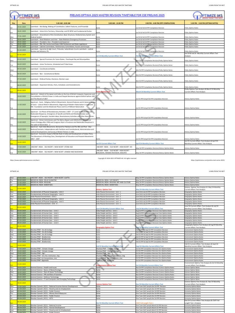 Prelims Optima 2025 Study Timetable | PDF