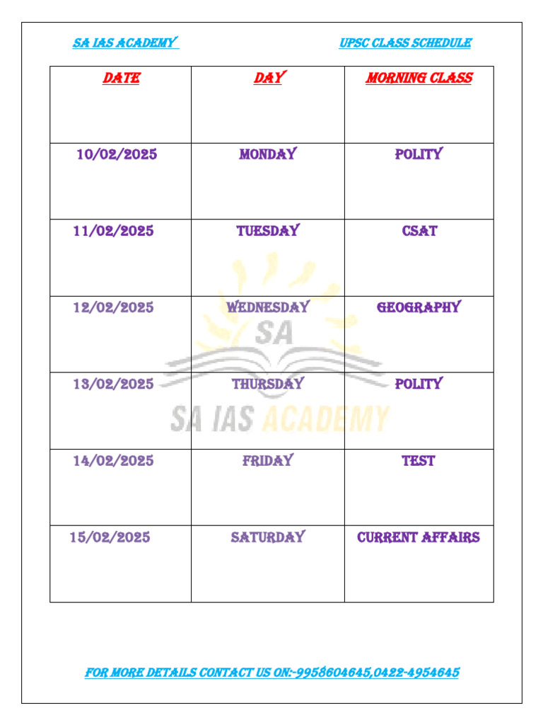 Upsc Class Schedule (Morning) | PDF