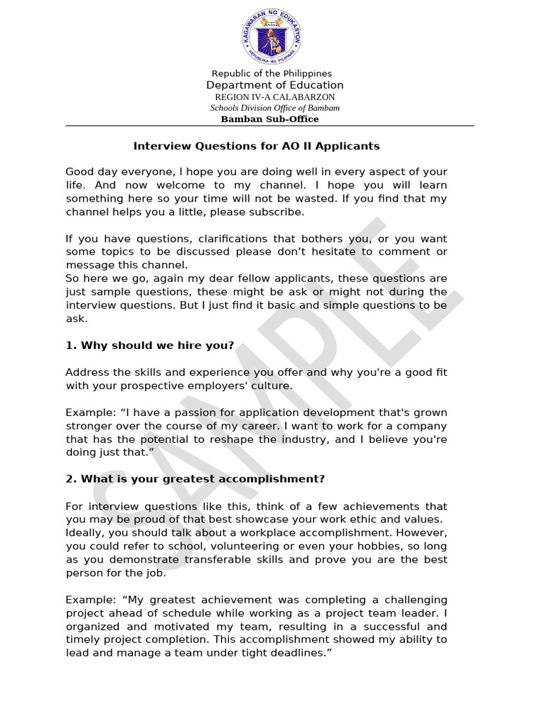 Sample Interview Questions | PDF | Psychology | Cognition