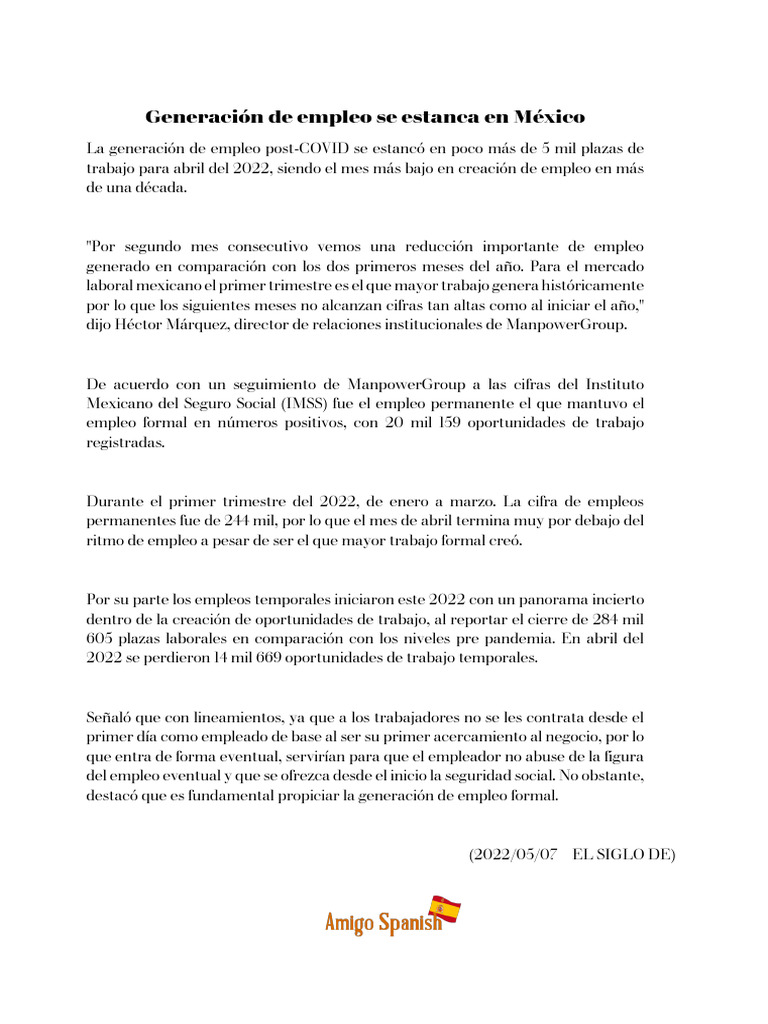 (AMIGO Spanish News - 28) Generación de Empleo Se Estanca en México | PDF