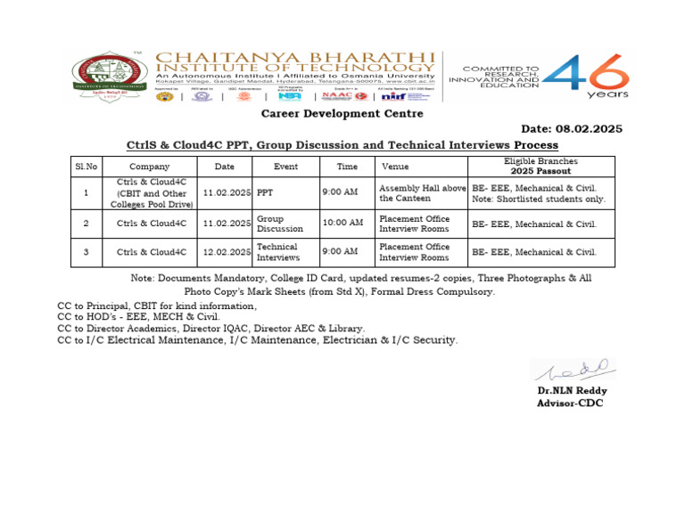 CTRLS & Cloud4C PPT, Group Discussion and Technical Interviews Placement Circular On 11 & 12.02. ...