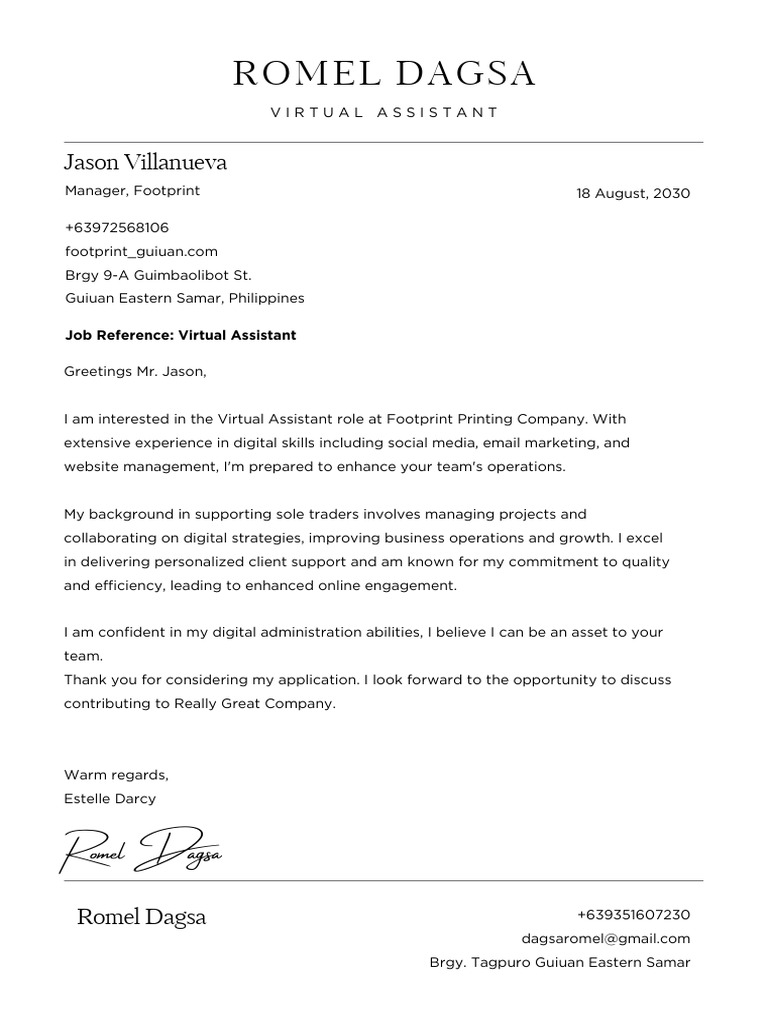 Black and White Professional Virtual Assistant Job Cover Letter ...