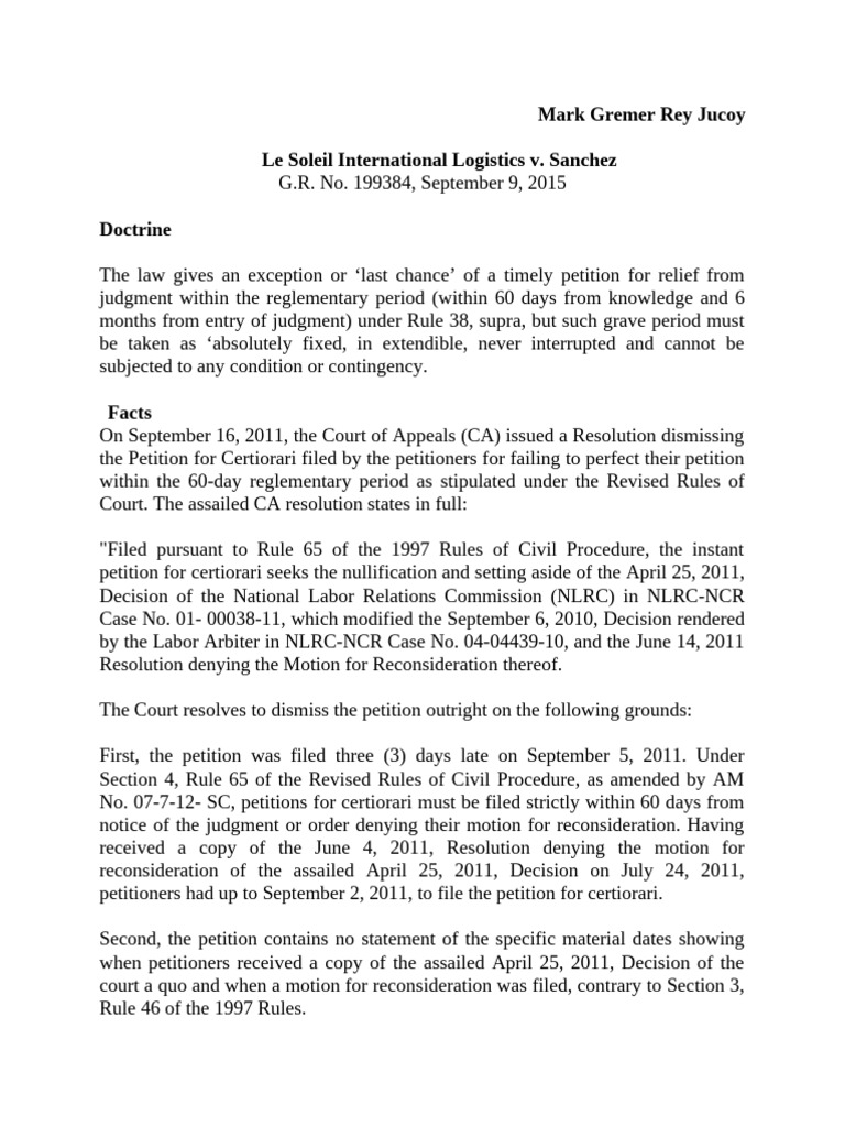 Le Soleil International Logistics vs. Sanchez | PDF | Judgment (Law ...