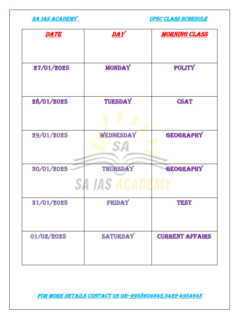 Upsc Class Schedule (Morning) | PDF