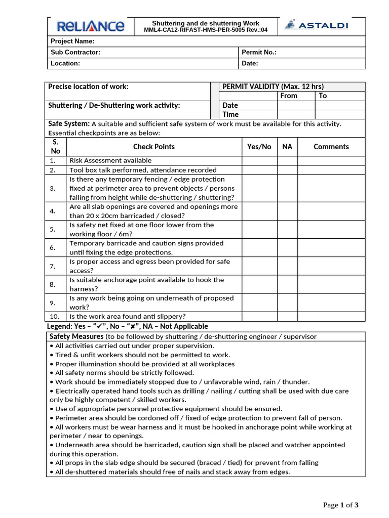 24 MML4-CA12-RIFAST-HMS-PER-5005 Shuttering and de Shuttering Work | PDF | Occupational Safety ...
