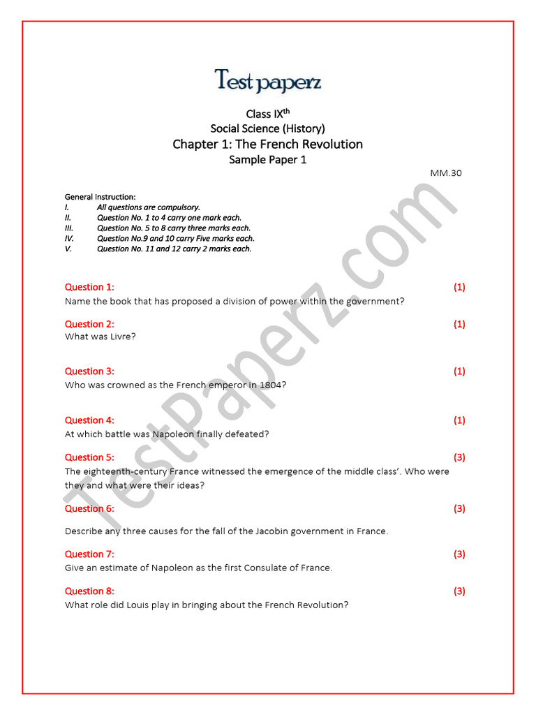 French Revolution Class IX Sample Paper | PDF | First French Empire | French Revolution