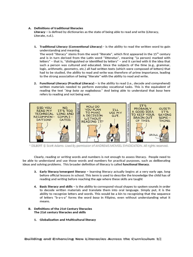 Definitions of Traditional Literacies | PDF | Literacy | Learning