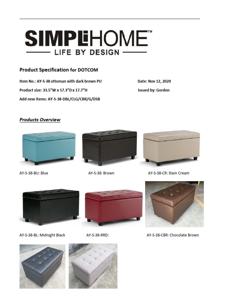 Cosmopolitan Storage Ottoman AY-S-38 Specification Sheet | PDF | Wood | Textiles