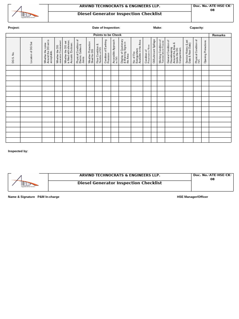 Doc. No.-ATE-HSE-CK-08-Diesel Genarator Inspection Checklist | PDF
