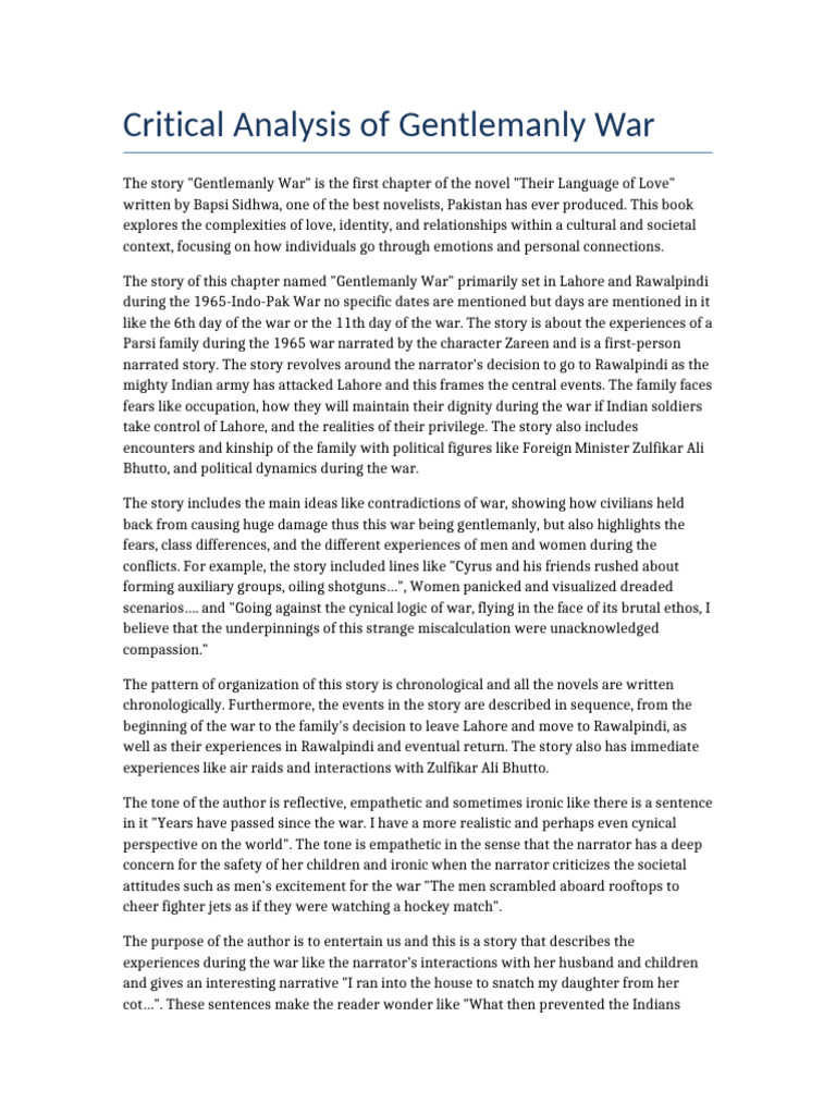 Sidhwa's "Gentlemanly War" Analysis | PDF