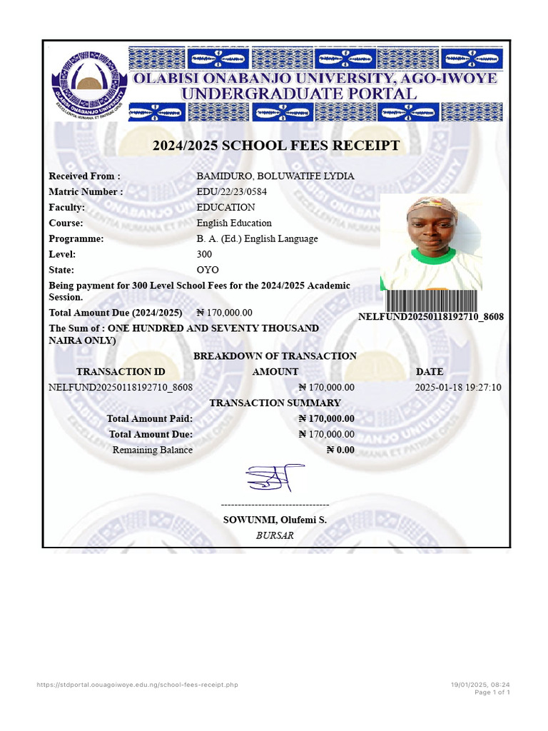 2024/2025 School Fees Receipt | PDF