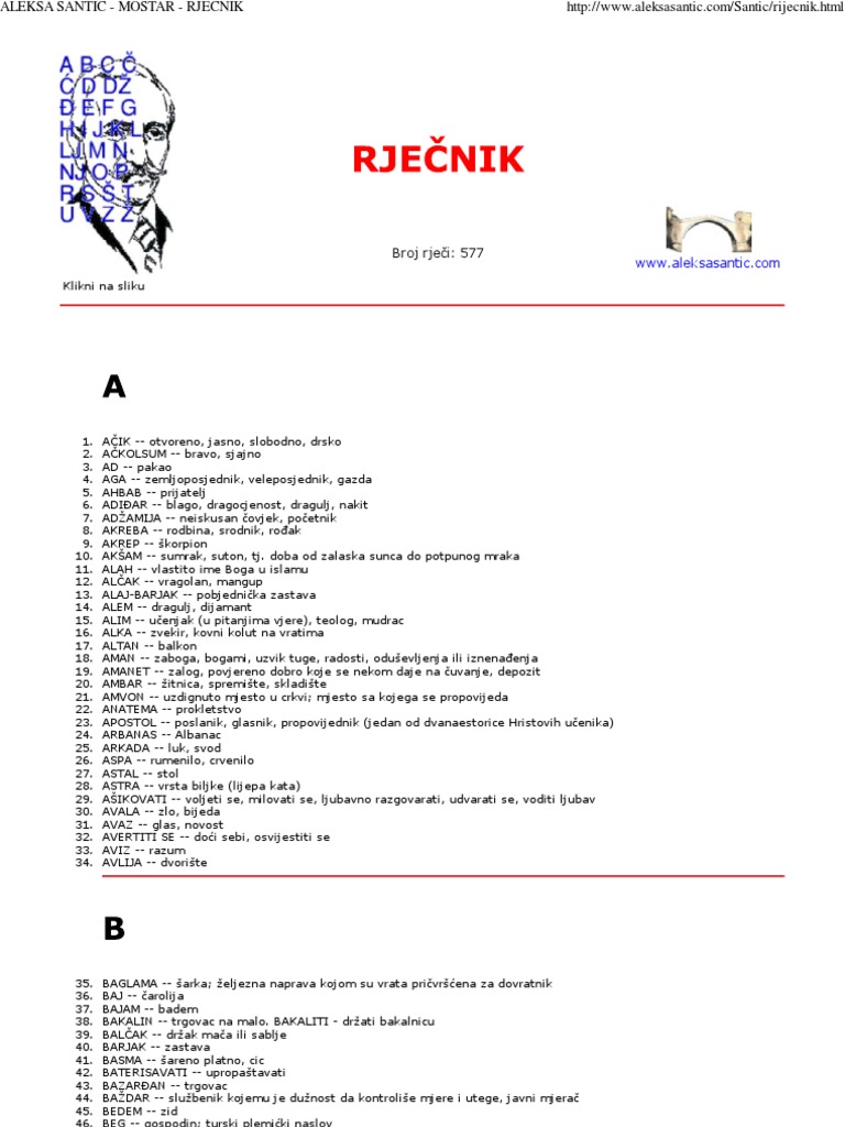 Aleksa Santic - Mostar - Rjecnik | PDF