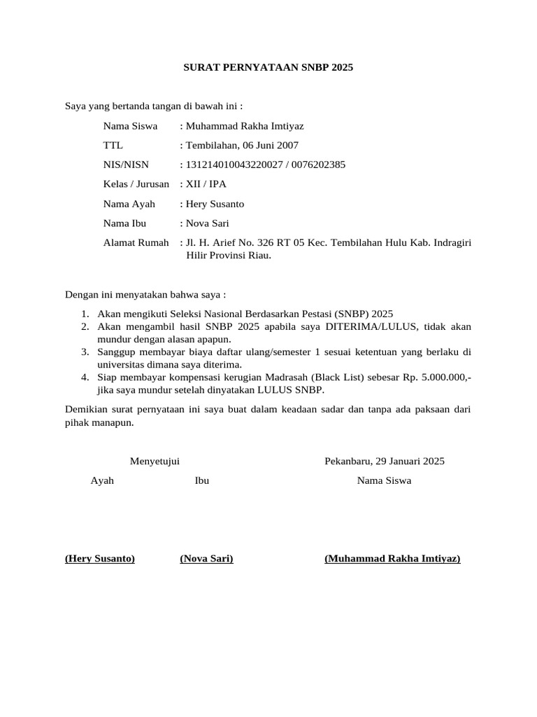 SURAT PERNYATAAN SNBP 2025 | PDF