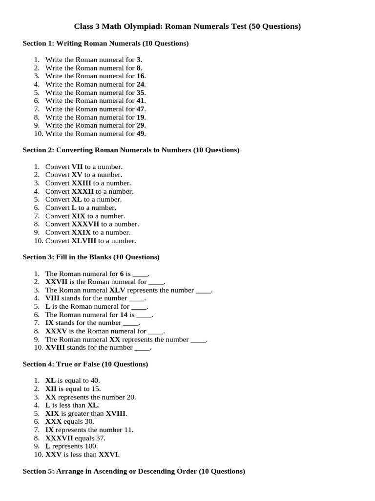 Roman Numerals Test for Class 3 | PDF