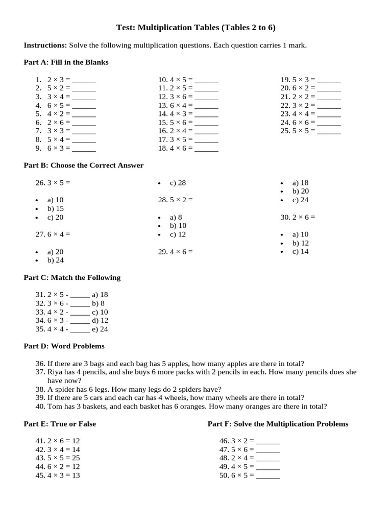Multiplication Tables 2 to 6 Test | PDF